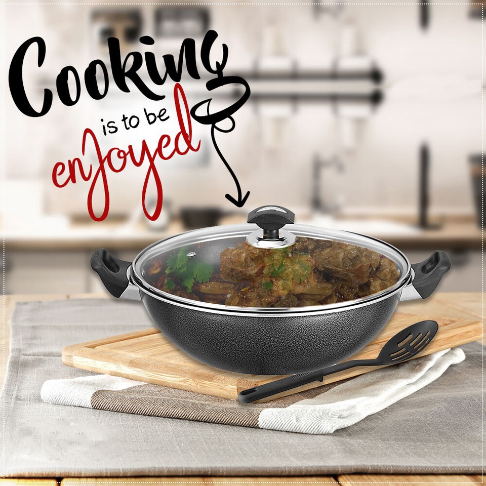 NON STICK INDUCTION COOKING WOK DEEP FRYING PAN DUAL HANDLE GLASS LID ...