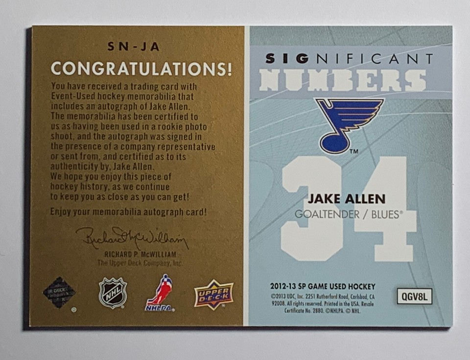 2012-13 JAKE ALLEN UD SP Game Used Auto Jersey RC /34 Significant ...