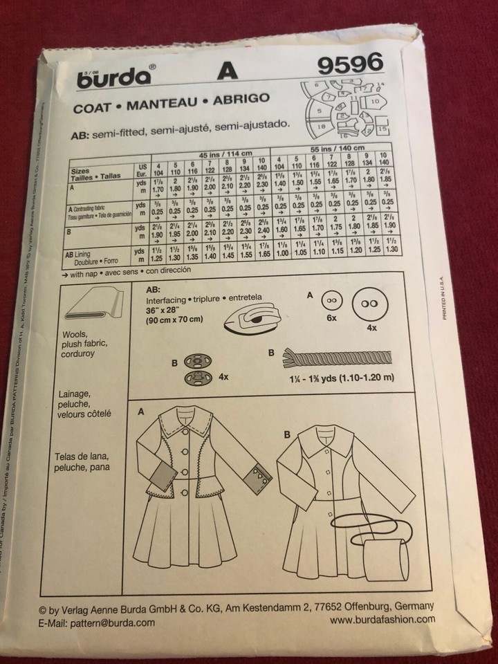 🌻 BURDA #9596 - GIRLS TWO STYLE KNEE LENGTH COAT & HAND MUFF PATTERN 4 ...