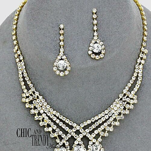 PRINCESS CLEAR IN GOLD CRYSTAL PROM BRIDAL FORMAL NECKLACE FASHION ...