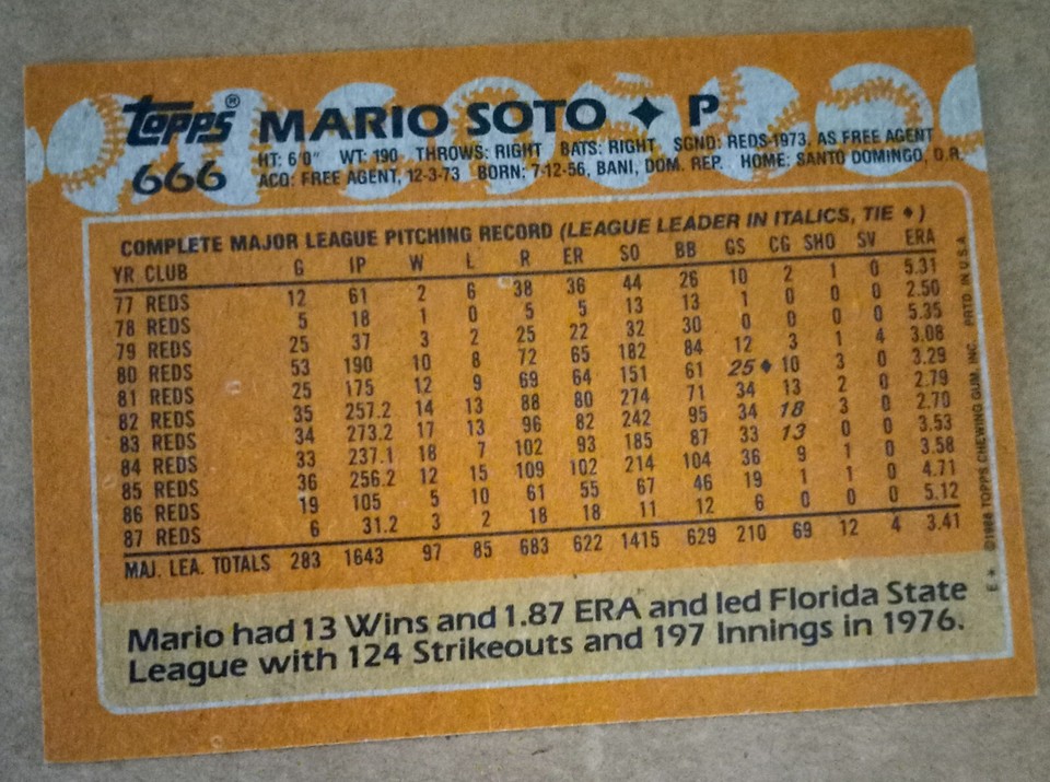 1988 Topps MARIO SOTO Baseball Card #666. CINCINNATI REDS... | eBay