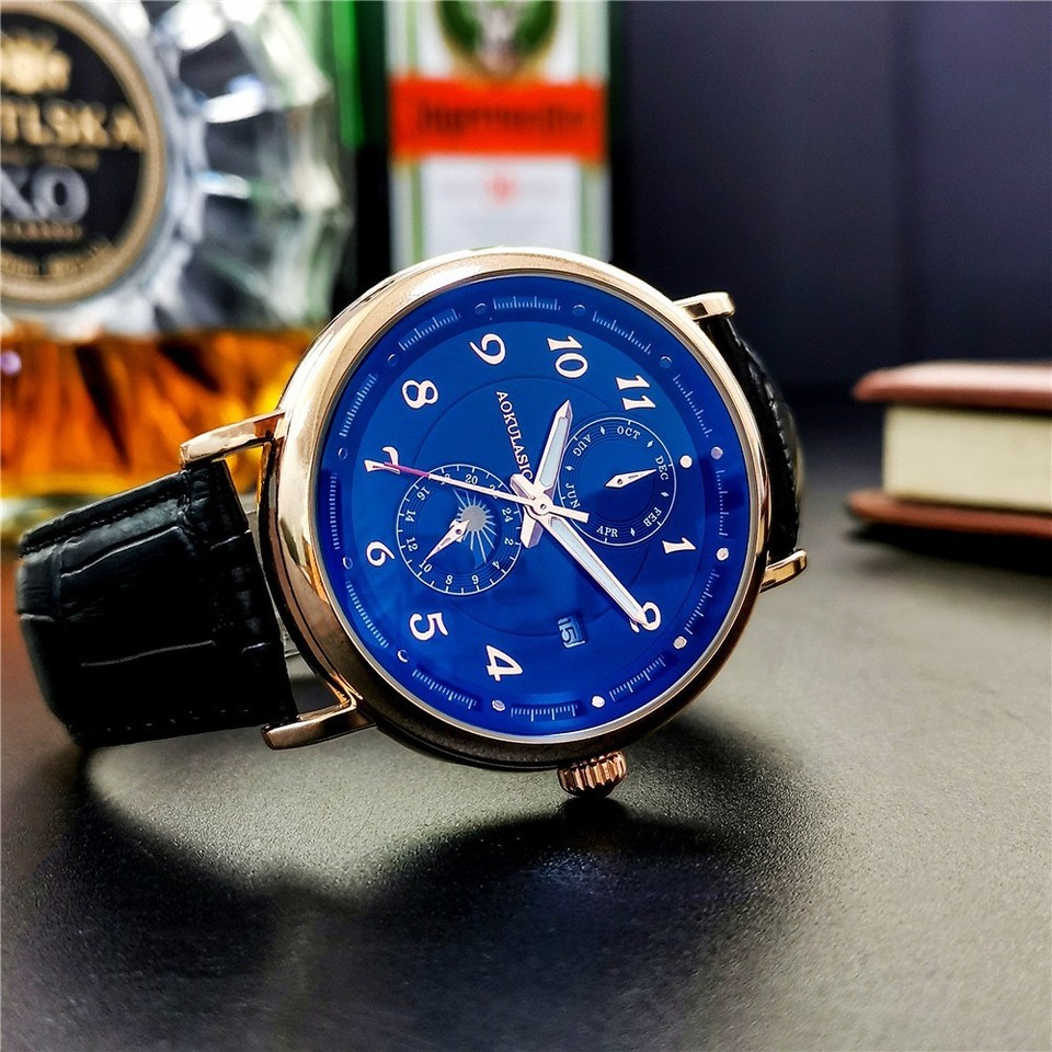 Men's Automatic Mechanical Watch Retro Big Face Moon Phase Calendar ...
