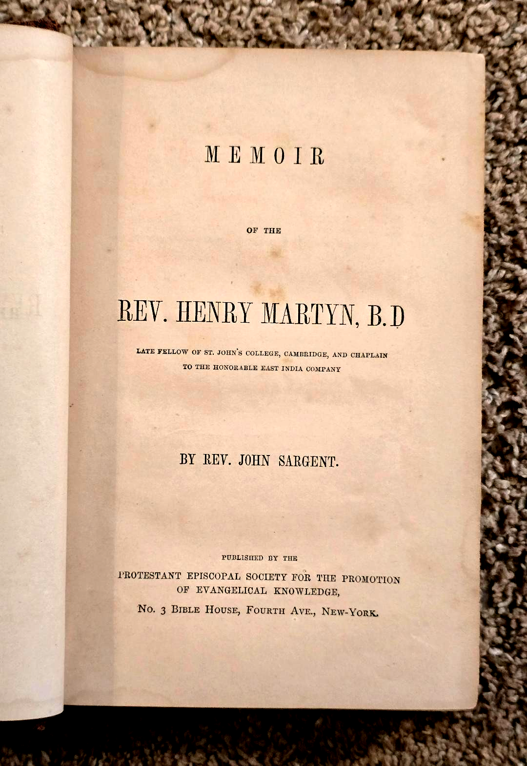 MEMOIR OF THE REV. HENRY MARTYN JOHN SARGENT ANGLICAN MISSIONARY INDIA ...