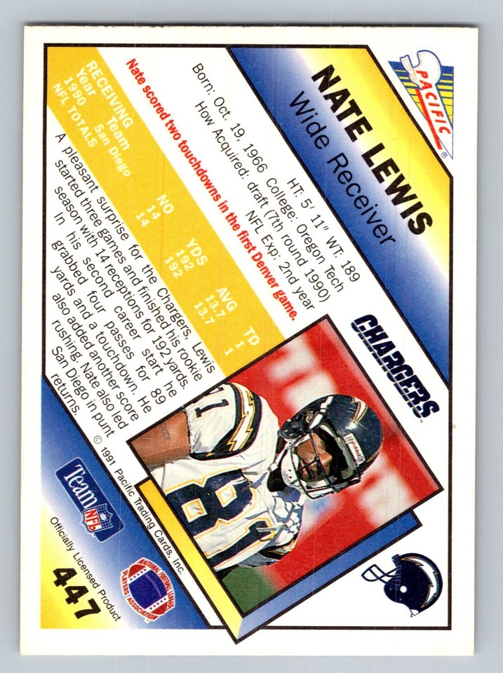 Nate Lewis RC Rookie 1991 Pacific #447 San Diego Chargers | eBay