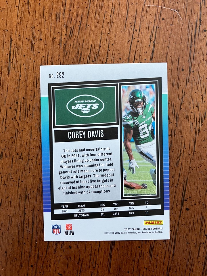 2022 SCORE Corey Davis New York Jets Card - #292 | eBay