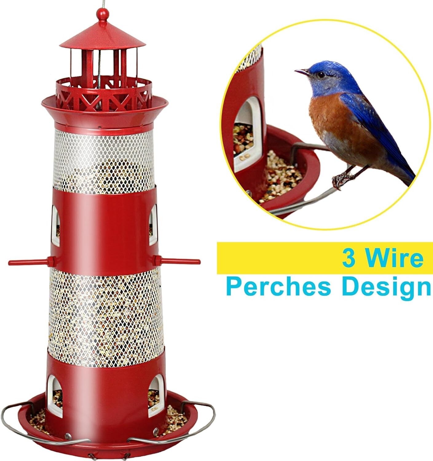 Solar Lighthouse Bird Feeder Rotating Beacon 14" Hanging Mesh Wild Bird ...