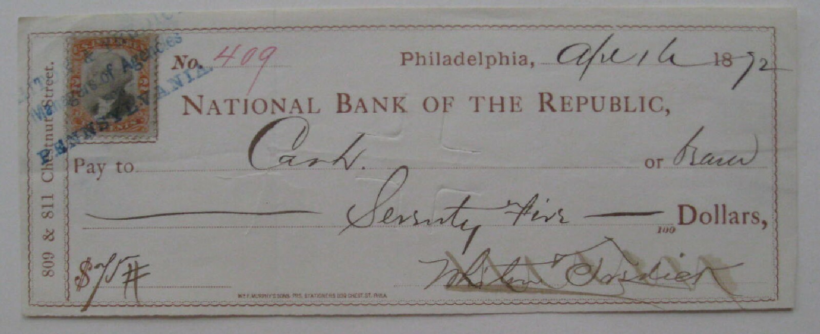 Natioanl Bank Of The Republic Check With Revenue Stamp 1872 ...
