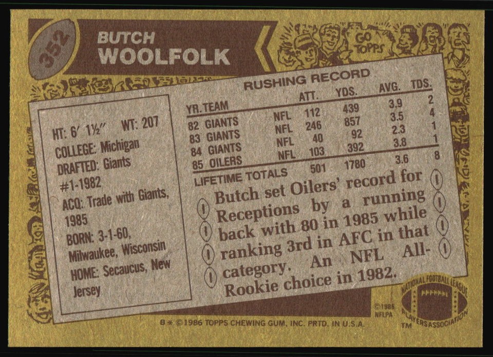 1986 Topps Butch Woolfolk #352 Houston Oilers | eBay