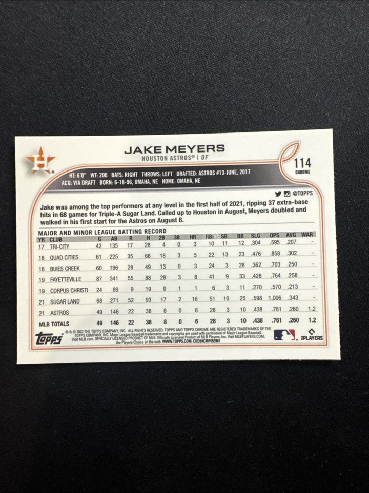 2022 Jake Meyers Rookie RC Topps Chrome Baseball Card #114 Houston ...