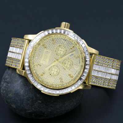 Mens 18K Yellow Gold Finish Solid Steel Bezel Custom Band Watch W/Date ...