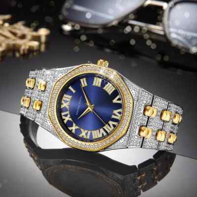 Blue Dial Iced Watch Two Tone Rapper Bling Simulated Diamond Luxury Hip ...
