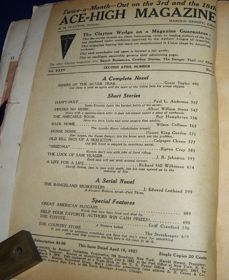 2 ACE-HIGH pulp magazines 4/1927 Cowboy Adventure Action Sports Western ...