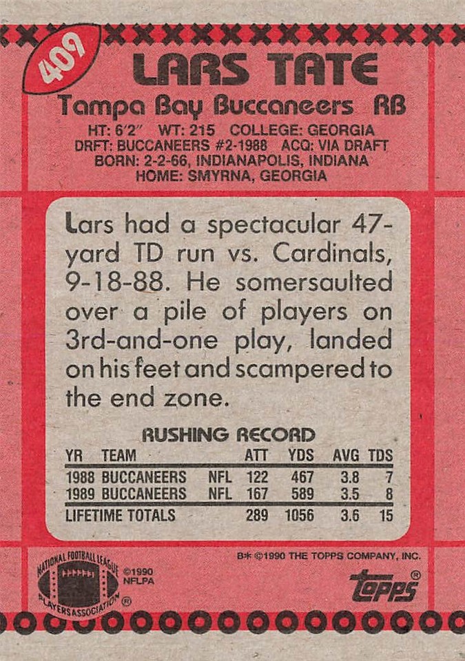 1990 Topps #409 Lars Tate Tampa Bay Buccaneers | eBay