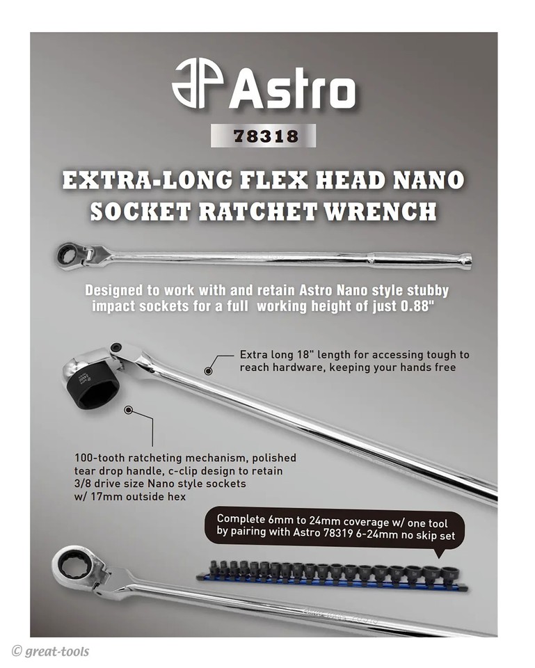 ASTRO TOOLS RATCHET HANDLE – flex head – 18” long for nano sockets ...
