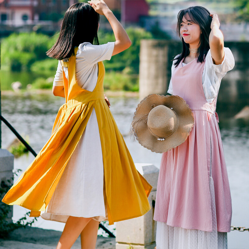 Women Cotton Apron V Neck Pleated Pinafore Dress Housework Florist ...