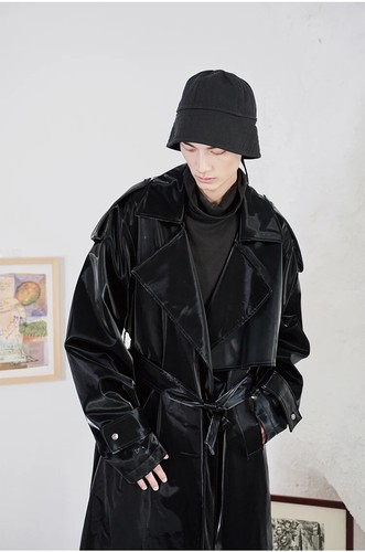 Long Oversized Luxury Reflective Shiny Patent Leather Trench Coat Men ...