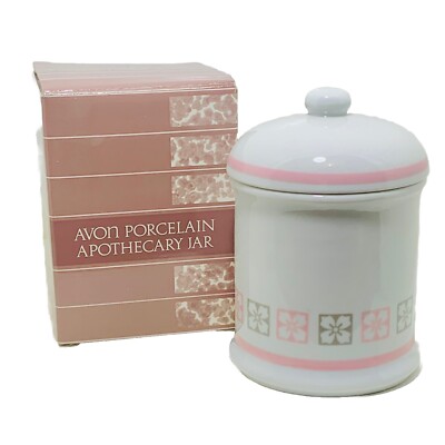 AVON Porcelain Apothecary Jar w/ Lid White, Pink, Gray NEW In Box 1980 ...