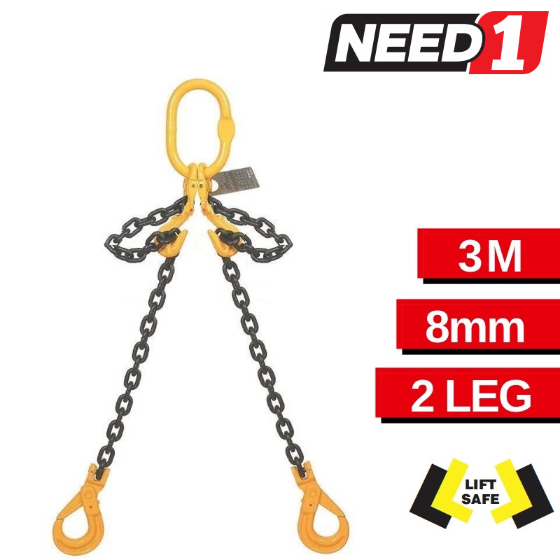 CHAIN SLING GR80 2 LEG 8MM X 3M W.L.L 3500KG C/W 2XSHORTENING ...
