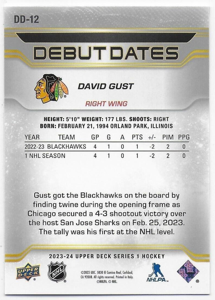 2023-24 Upper Deck Debut Dates #DD12 David Gust - Chicago Blackhawks | eBay