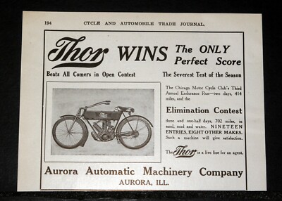 1908 OLD MAGAZINE PRINT AD, AURORA THOR MOTORCYCLE, WINS THE ONLY ...