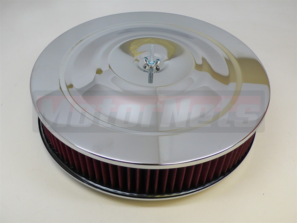 14"X3" Round Chrome washable Red Air Cleaner Assembly Flat Base SBC 350 ...