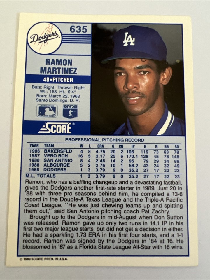 SCORE 1989 MLB Card RAMON MARTINEZ Dodgers Rookie #635 EX-NM! ⚾️ | eBay