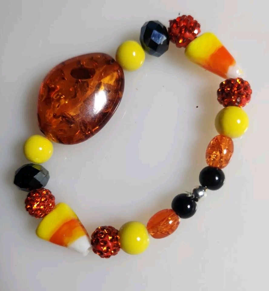 new FALL candy corn HALLOWEEN HAND MADE glass BRACELET rhinestone bead ...