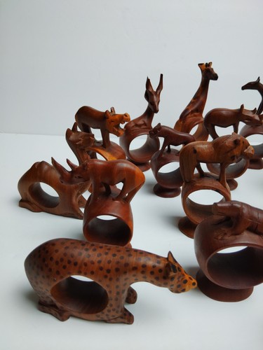 Hand Carved African Safari Animal Napkin Rings ~ Kenya ~ Set of 16 | eBay