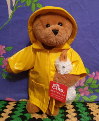 Teddy Bear in yellow raincoat holding a cute fluffy white duck ~ 30cm ...
