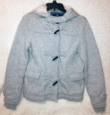 Women's AMERICAN EAGLE Heather Gray Toggle Lined Jacket Fur Hood Small ...
