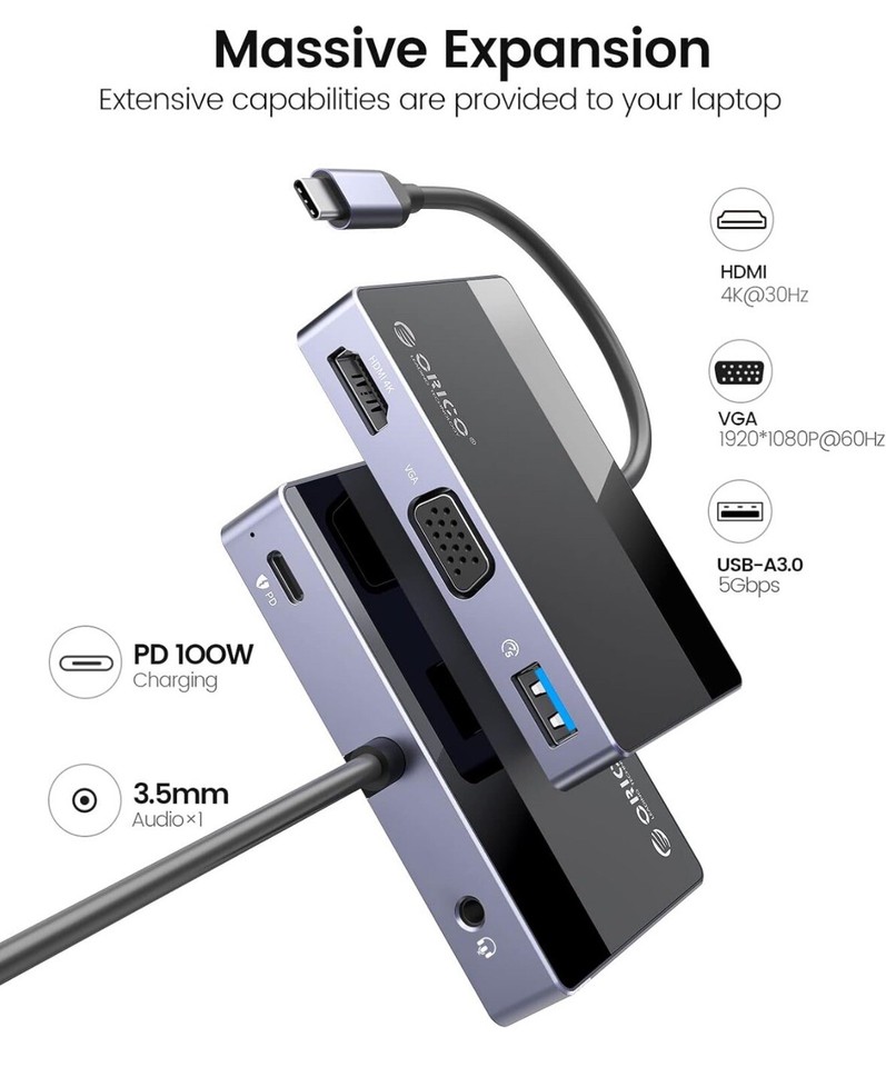 5-in-1 USB-C Hub Docking Station w/ 4K HDMI, VGA, 100W PD, 5Gbps USB-A3 ...