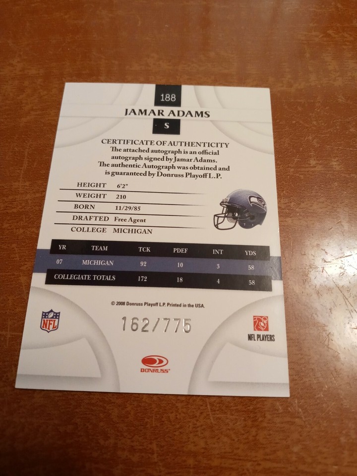 JAMAR ADAMS 2008 DONRUSS THREADS AUTOGRAPH AUTO #D 162/775 | eBay