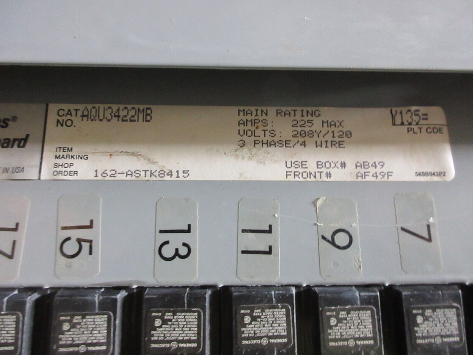 GE AQU3422MB Panelboard 225 Amp MLO 120/208 Volt 3PH4W 42 CKT CU Bus ...