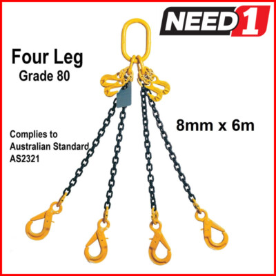CHAIN SLING GR80 4 LEG 8MM X 6M W.L.L 3500KG C/W 4XSHORTENING HOOK ...