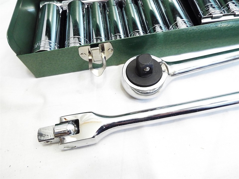 SK 33pc 1/2" SAE Metric Socket Ratchet Set Metal Tool Box Extension ...