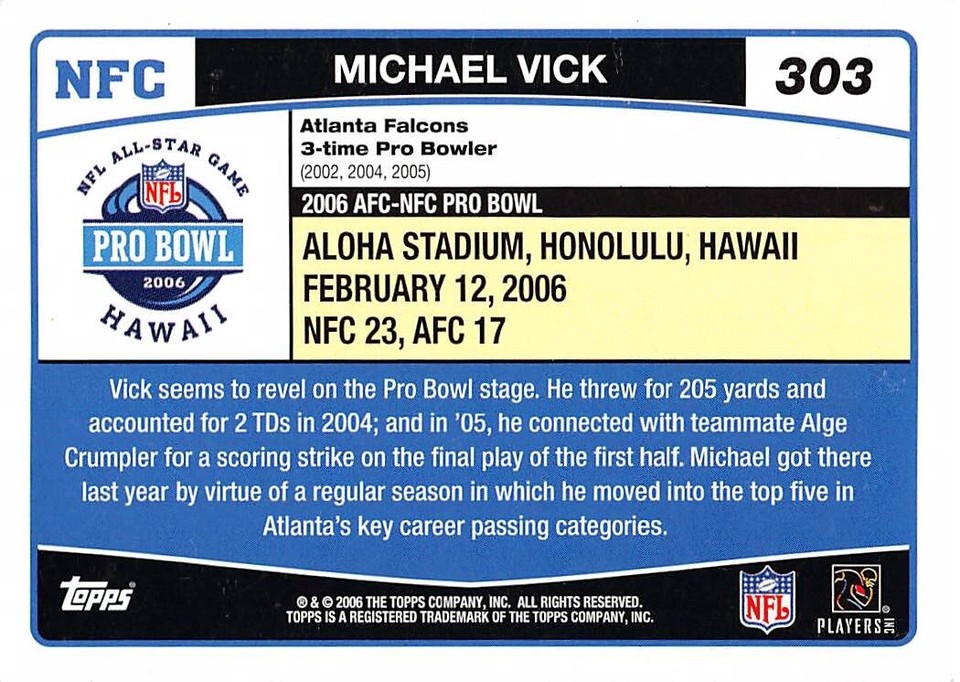 2006 Topps Football Michael Vick Pro-Bowl #303 NM/MT ATLANTA FALCONS | eBay