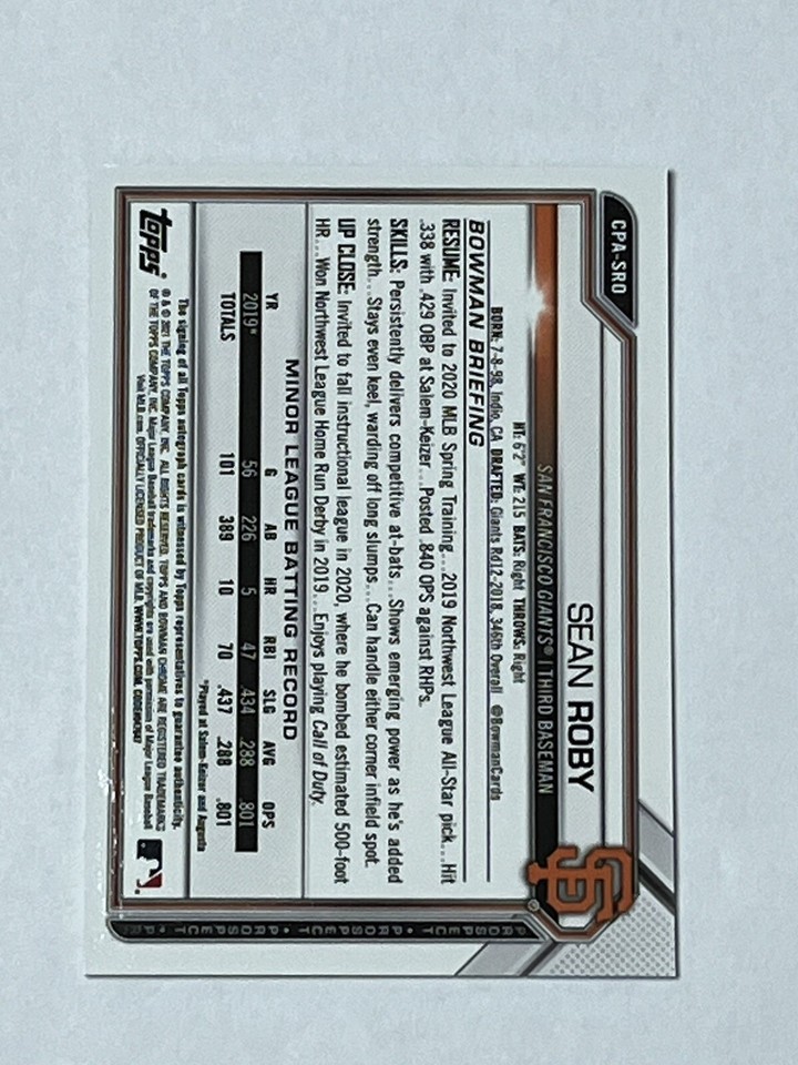 2021 Bowman Chrome Sean Roby 1st Prospect Auto Green /99 Giants ...