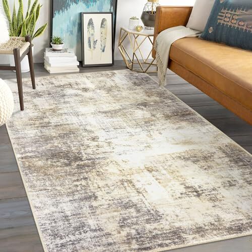 Abstract Area Rugs 5x7 Ft Washable Rugs for Living Room, 5' x 7' Beige ...