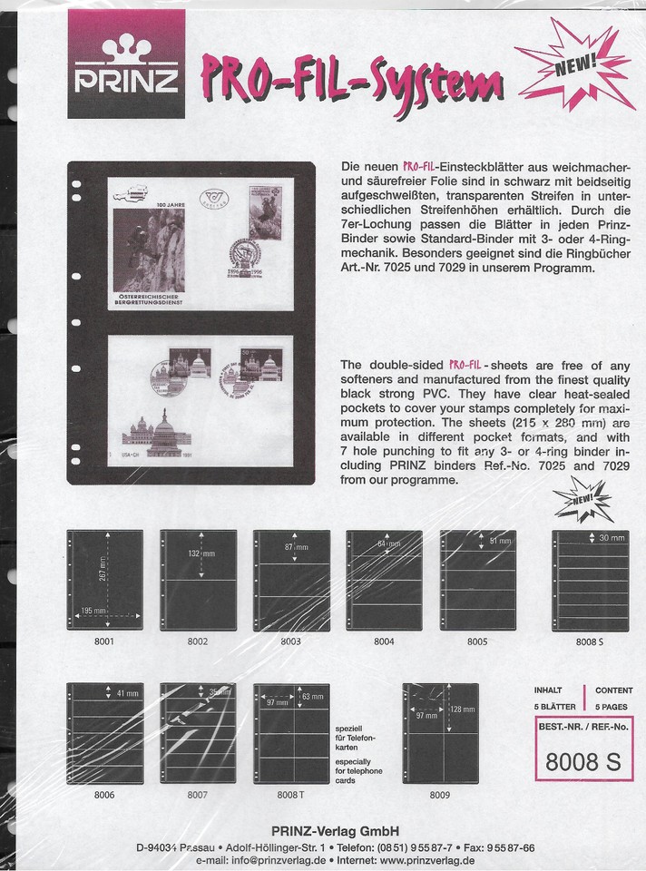 PRINZ ProFil 8 STRIP BLACK STAMP ALBUM STOCK SHEETS Pack of 5 Ref No ...