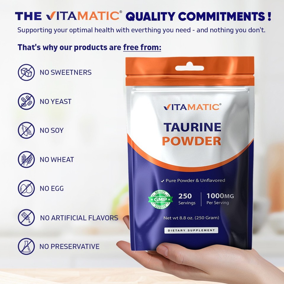Vitamatic Pure Taurine 1000mg 250 Servings - Non-GMO, Gluten Free | eBay
