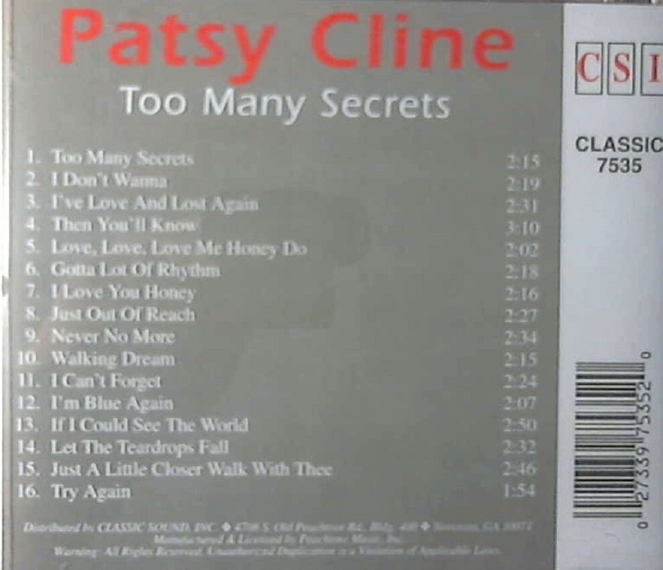 Patsy Cline Too Many Secrets - VOL. 1, AUDIO CD | eBay