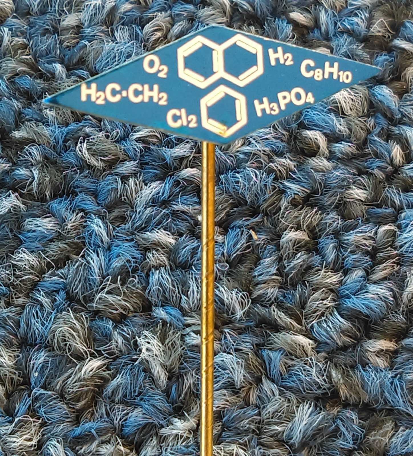Chemical formulas, H2C-CH2, O2, CL2, H2, H3PO4, C8H10, antique pin ...