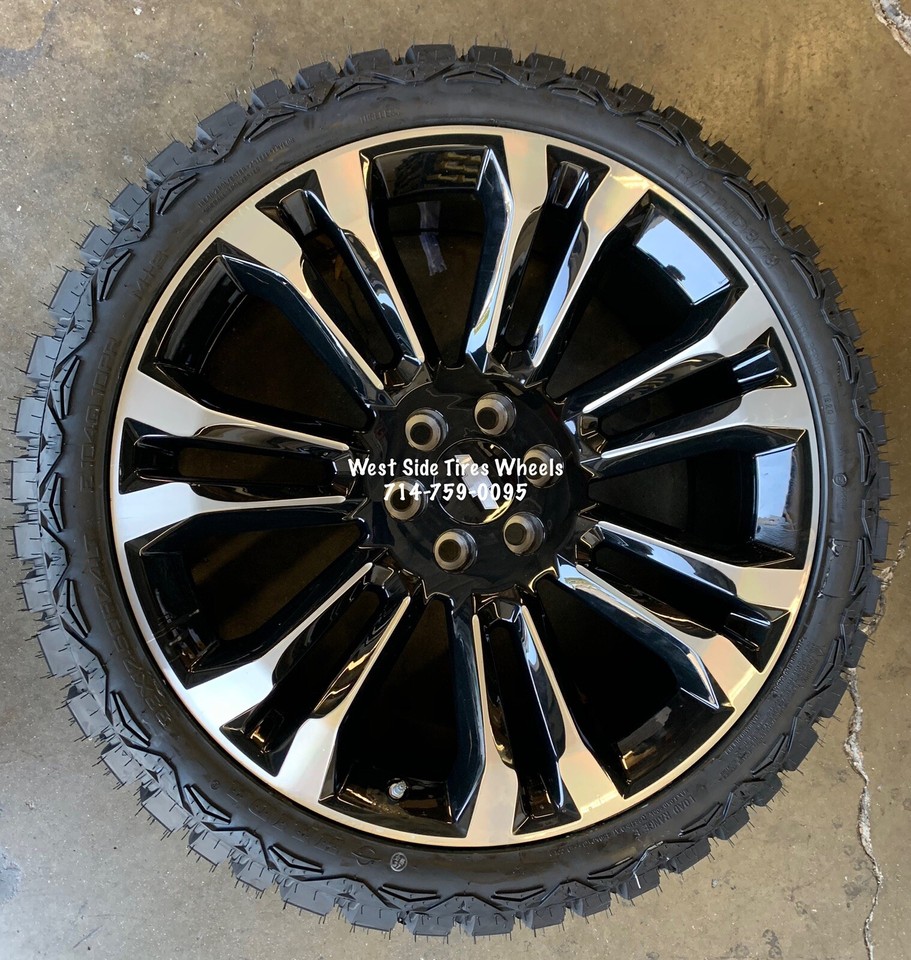 24” CHEVY Silverado Tahoe BLACK MACHINE Wheels 33” MT MUD TIRES Yukon ...
