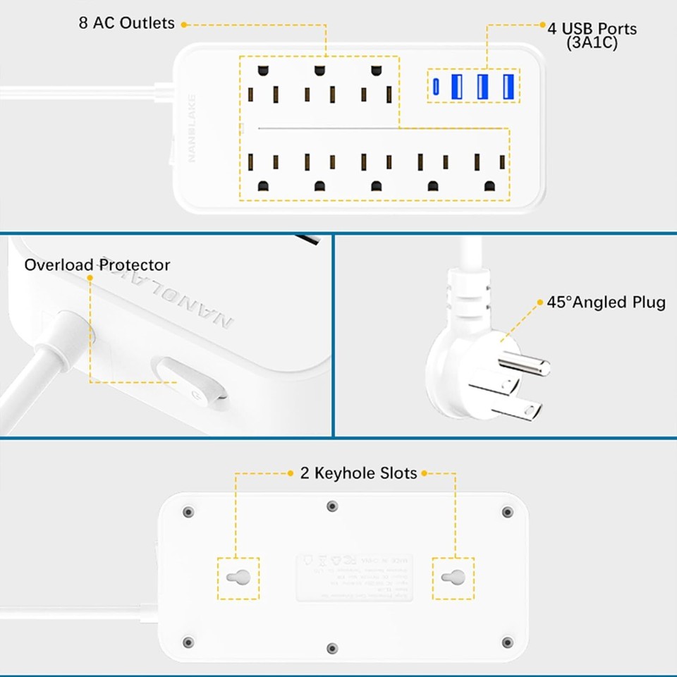 4FT Power Strip Surge Protector 8 AC Outlets 3 USB Ports + Type C Port ...