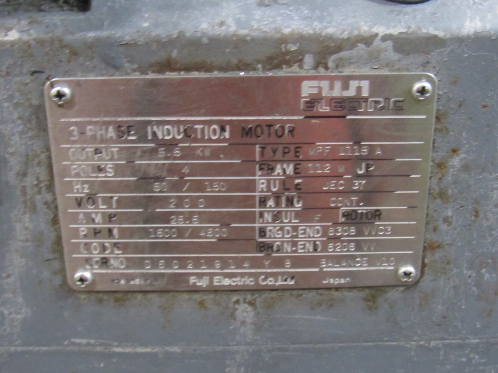 FUJI INDUCTION MOTOR MPF 1115A 5.5 KW 3PH 112W-JP FRAME 200V 1600 ...