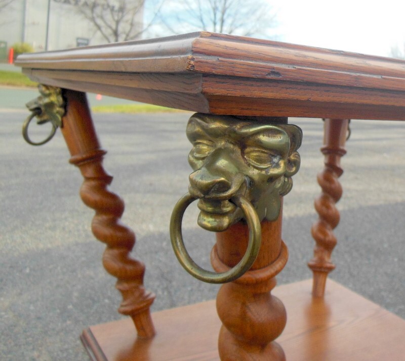 Antique Merklen Bros NY Oak PARLOR TABLE Barley Twist Brass LION Claw ...