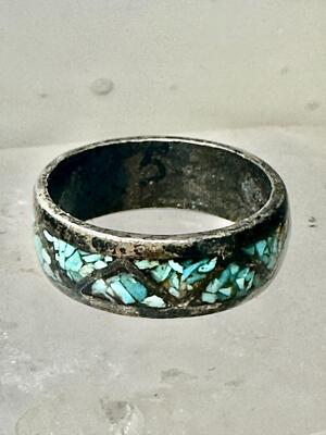 Zuni ring turquoise chips band wedding size 7.25 sterling silver women ...