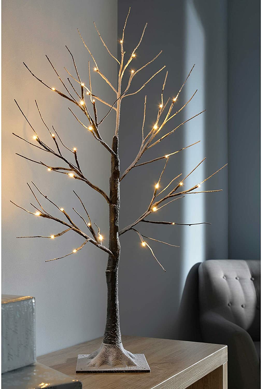 Pre-Lit LED Twig Tree with Snow Effect Decoration, 3 feet/90cm -Brown ...