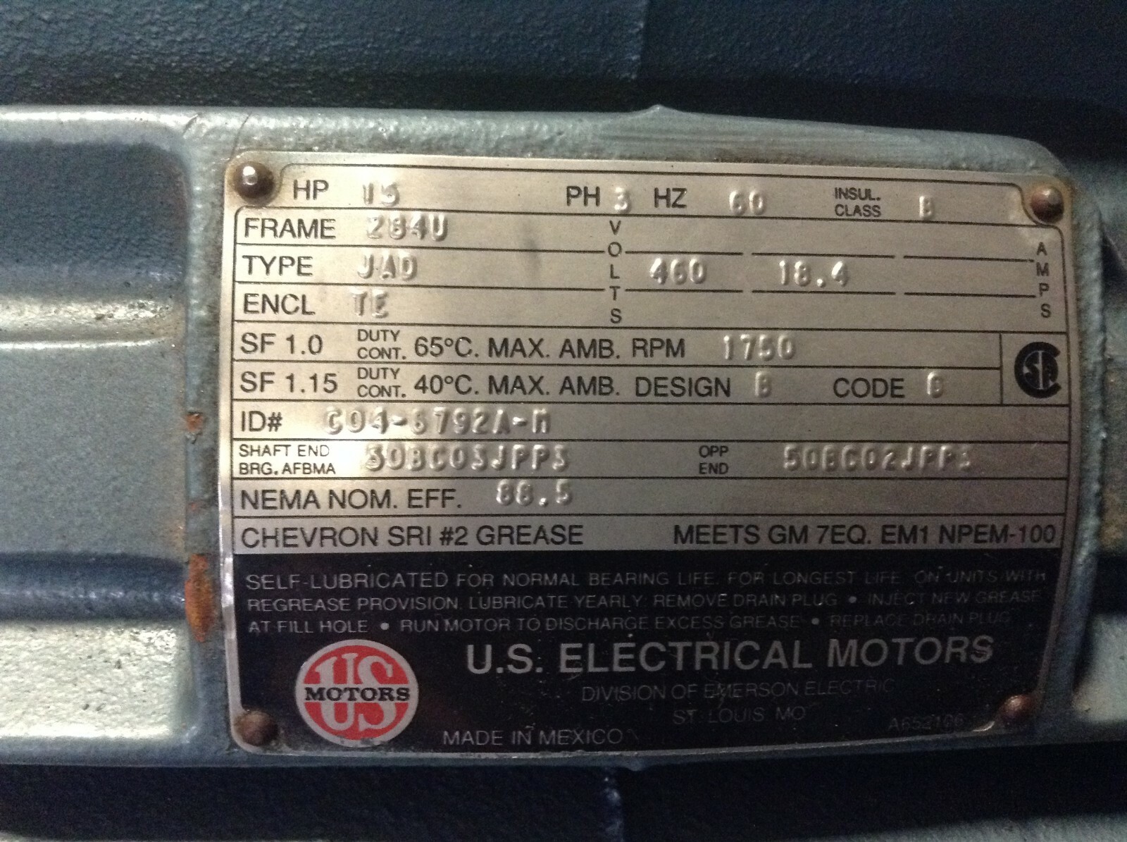 U.S Electrical Motors C04-6792A-M Motor 15 HP 460 V 1750 RPM 284U JAD ...