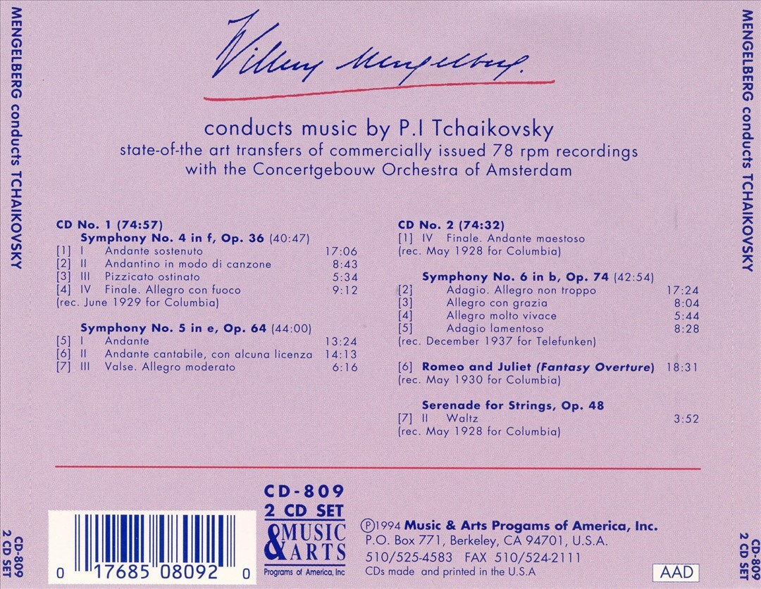 WILLEM MENGELBERG WILLEM MENGELBERG CONDUCTS P.I. TCHAIKOVSKY NEW CD ...